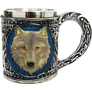 Ebros Gift Alpha Gray Wolf Celtic Tribal Magic Resin 16oz Mug With Stainless Steel Rim Figurine For Coffee Tea Cereal Drinks Halloween Party Hosting Kitchen Dining Decor Of Wolves Timberwolf Direwolf
