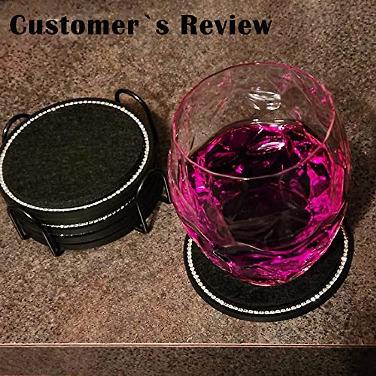 Coasters for Drinks with Holder,Avkast 6PCS Silicone Drink Coasters with Soft Felt Insert Bling Rhinestone Absorbent Coasters for Coffee Table Desk Office Bar Home- Black