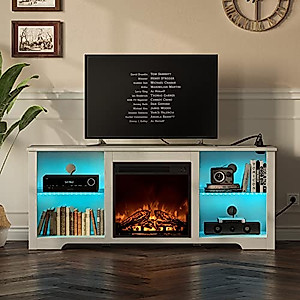 Rolanstar Fireplace TV Stand with LED Lights and Power Outlets, TV Console for 43" 50" 55" 60" 65", Entertainment Center with Adjustable Glass Shelves, White