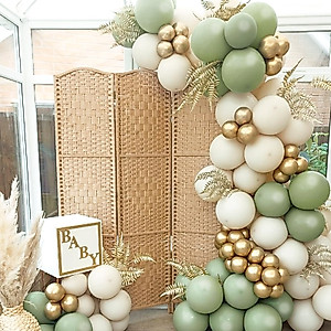 RUBFAC 65 Pcs 12 Inches Sage Green Gold Confetti Balloons Kit, Green Gold Sand White Party Balloons with Ribbons for Tiana Birthday, Wedding, Baby Shower, Graduation, Eucalyptus Party Decorations