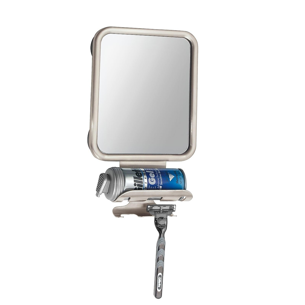 mDesign Large Modern Metal Suction Shaving Mirror Center for Bathroom Showers and Tubs - Holders for Shaving Cream and Razors - Satin