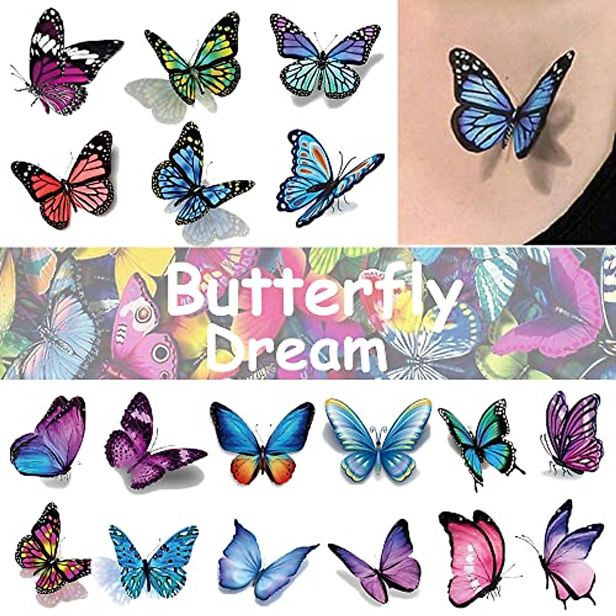 Ooopsi Butterfly Tattoos for Kids Womens - 110 Pcs 3D Tattoos, Colorful Body Art Temporary Tattoos, Butterfly Party Favors