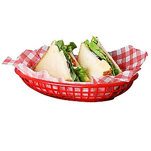 FEOOWV Retro Style Fast Food Basket (12Pk) and Checkered Deli Liner (100 Pk) Combo. Fast Food Basket Are Dishwasher Safe. Disposable Deli Paper Squares for Easy Cleanup (Red)