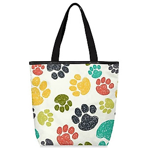 Vintage Animal Paw Print Women's Canvas Tote Bag, Dog Paw Print Shoulder Handbag Bags with Zip Large Beach Bag for School Shopping Business Work Travel