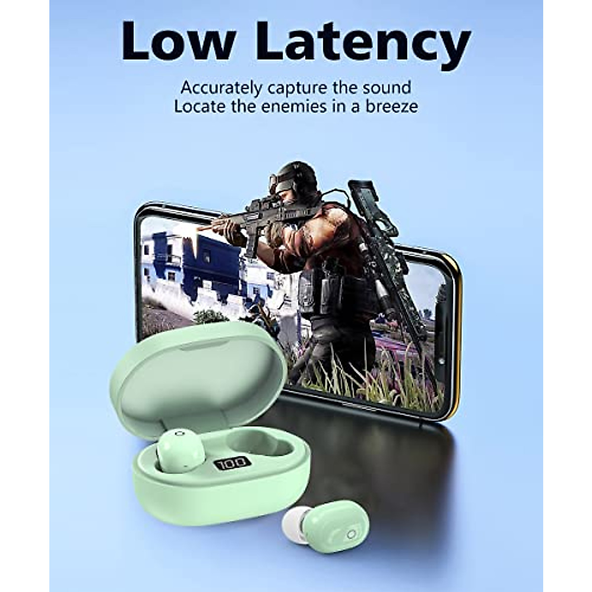 Wireless Earbuds, Bluetooth Earphones Stereo HiFi Sound Noise Cancelling with Built-in Microphone, True Wireless Headphones In-Ear Earbuds for Sports and Work, Compatible with iPhone, Android- Green