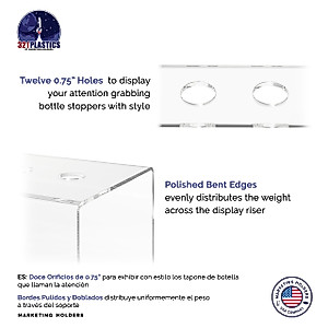 Marketing Holders Wine Stopper Wine Bottle Topper Liquor Pourer Display Stand 12 Slot Rack .75 Inch Wide Holes Clear Acrylic 2 Tier Riser 11.75 Inch Wide by 4.75 Inch Deep Retail Counter Showcase