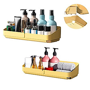 Fineget Shower Caddy Removable Adhesive Shower Shelves Large Plastic Wall Basket Shelf for Bathroom Kitchen Bathtub Rustproof No Drilling Shower Storage Organizer Quick Dry Yellow 2 Pack
