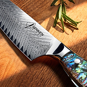 SENKEN 11-Piece Damascus Knife Block Set with Abalone Shell Handle - "Umi" Collection Japanese Chef Knife Set - 67-Layer Japanese VG10 Steel, Chef Knife, Paring Knife, 4 Matching Steak Knives & More