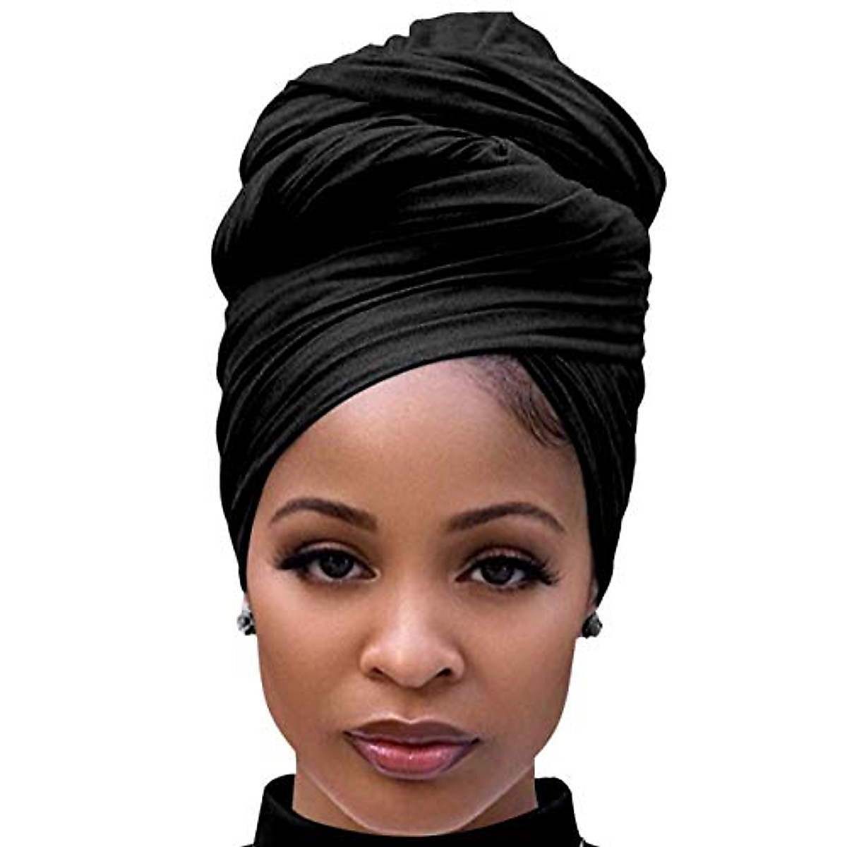 Harewom Black Hair Wrap for Women Long Stretch Jersey Head Scarf Summer Breathable Lightweight Turban Solid Color