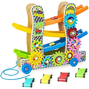 Wooden Race Track for Toddlers, 3 in 1 Wooden Car Ramp with 4 Mini Racer Cars and 8 Turnable Gears. Educational Montessori Toys for 2 3 4 5 Year Old Boys Girls