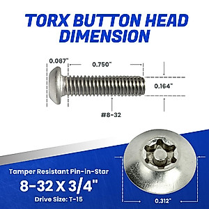 Fastenere Torx Security Machine Screws - 8-32 x 3/4" (25-Pack) Stainless Steel, Tamper-Resistant, Button Head Screws, Bolt Screw for Higher Level of Safety & Theft Prevention