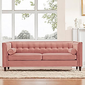 Dreamsir 58'' W Velvet Sofa, Mid-Century Love Seats Sofa Furniture with Bolster Pillows, Button Tufted Couch for Living Room, Tool-Free Assembly (Loveseat, Pink)