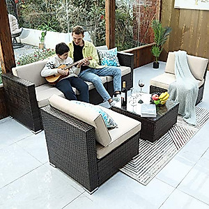 YITAHOME 6 Piece Outdoor Patio Furniture Sets, Garden Conversation Wicker Sofa Set, and Patio Sectional Furniture Sofa Set with Coffee Table and Cushion for Lawn, Backyard, and Poolside, Brown