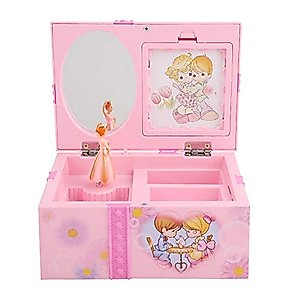 JAWL Music Box, Cartoon Jewelry Storage Case Plastic Dancing Princess Music Box Miniature 360 Degree Rotary Square Jewelry Box with Mirror Children Toy Gift for Little Girls, Pink