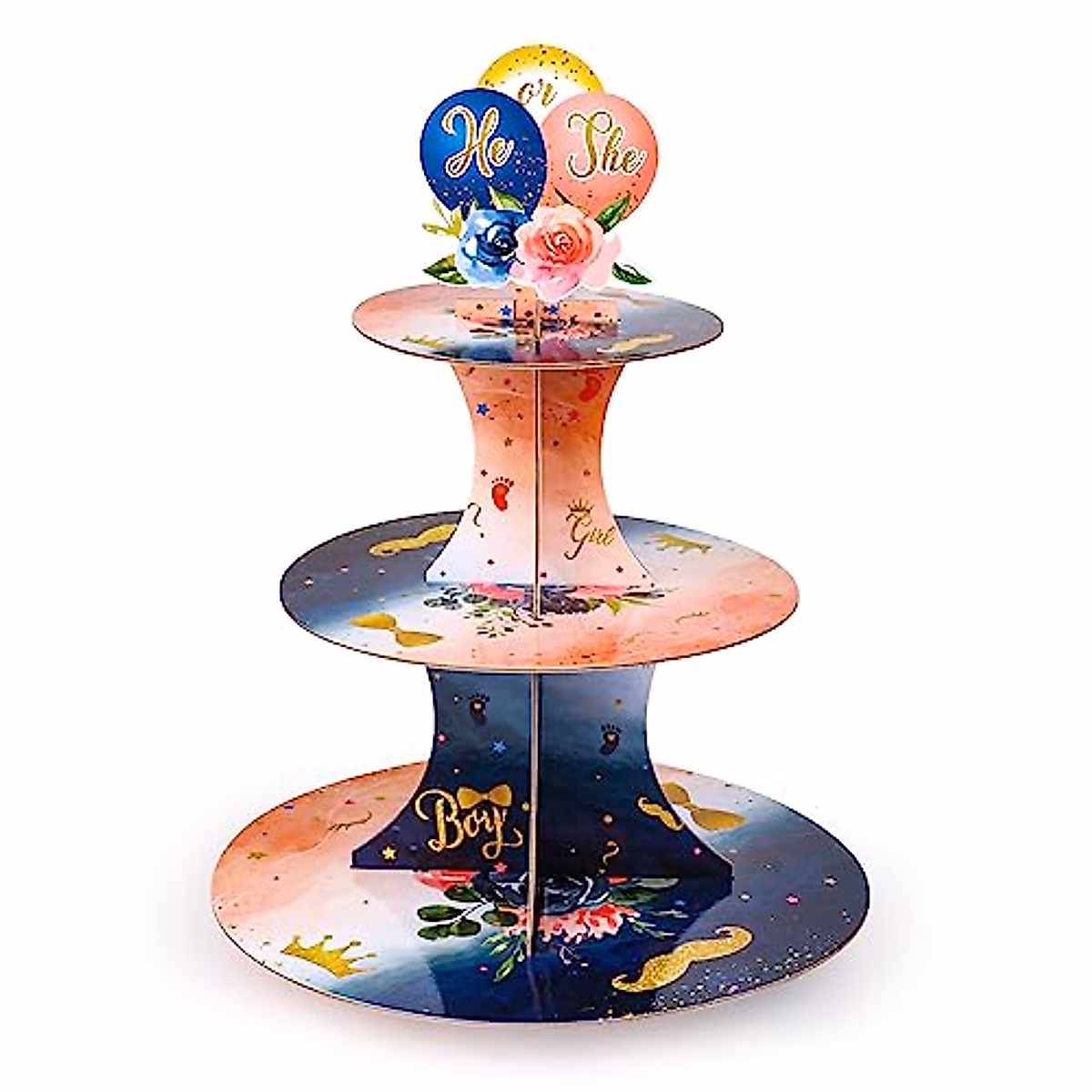 Gender Reveal Party Cupcake Stand Decorations, Blue and Pink 3 Tier Baby Shower Cupcake Toppers Dessert Holder Snack Tray Stand Tower for Boy Girl Baby Gender Reveal Birthday Party Favors