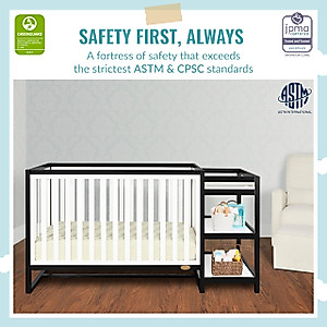 Dream On Me Milo 5-in-1 Convertible Crib and Changing Table with Free Changing Pad in Black and White, 3 Mattress Height Settings, Non-Toxic Finishes, Pinewood