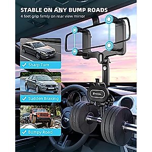 Phone Mount for Car【Large Rear Mirrors Friendly】 Rear View Mirror Phone Holder,【Upgraded 4 Clip More Stable】 360 Rotatable and Retractable Car Phone Holder Fit All Mobiles & Fits Bigger Vehicle