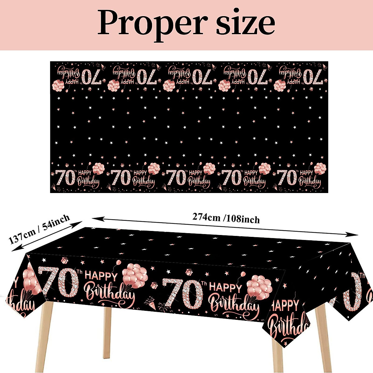 3 Pack 70th Birthday Tablecloth Decorations for Women, Rose Gold Happy Seventy Birthday Theme Table Cover Party Supplies, 70 Year Old Birthday Plastic Disposable Rectangular Table Cloth Decor