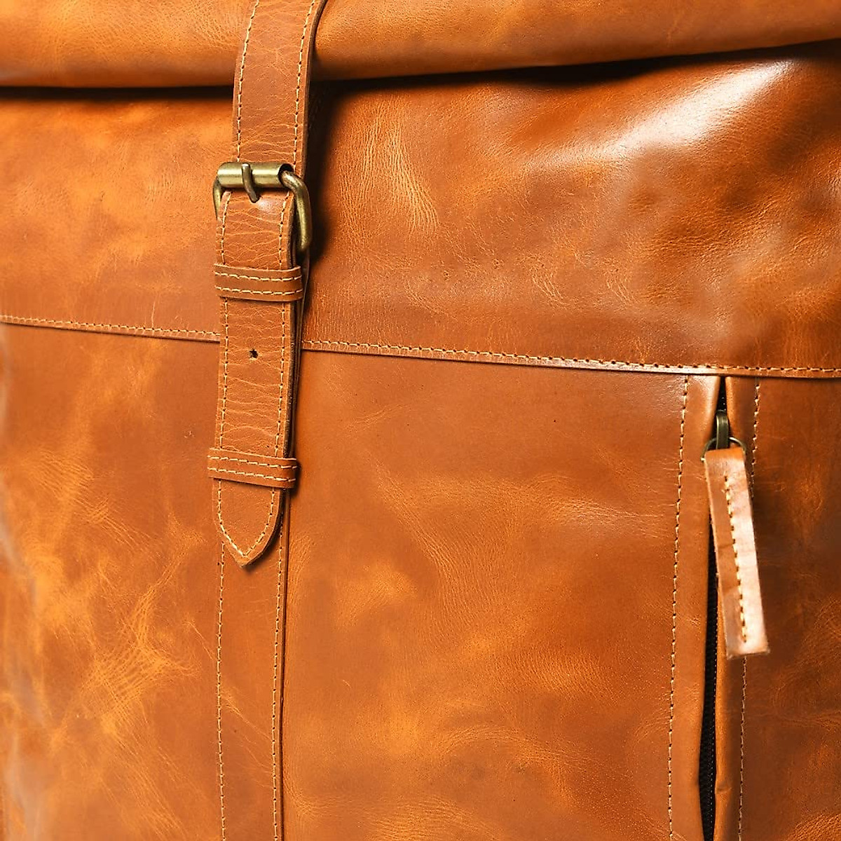 Gratlin Buffalo Leather Roll On Laptop Backpack 16 Inches | Vintage Genuine Leather Rucksack Backpack for Men & Women | Best Full Grain Tan Leather Backpacks Book Bag Knapsack for Travel Hiking Use