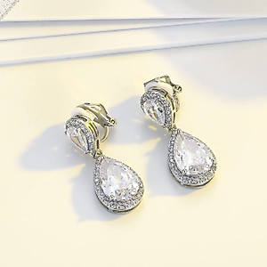 SELOVO Bridal Teardrop Earrings Dangle Drop Clip Earrings Clear Cubic Zirconia Silver Tone