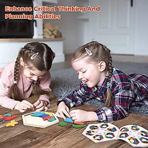 Wooden Hexagon Tangram Puzzle for Kids Adults, Geometric Shape Pattern Blocks, 3D Logic IQ Game, 60 Brain Teaser Challenges, STEM Montessori Educational Toy, Travel Games for Road Trip