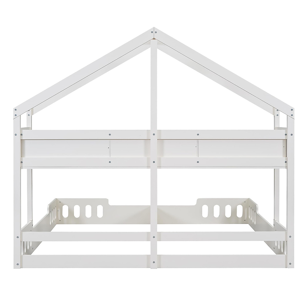 Harper & Bright Designs Twin House Bed for Kids,Wood Double Twin Beds Frame with Shelves and Guardrail, Monressori Floor Bed Two Shared Beds with Rails for Girls or Boys, Creamy White