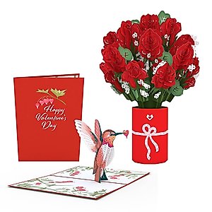 Lovepop Red Rose Valentine’s Day Hummingbird Bundle, 5" x 7" - Pop Up Card & 1 Paper Flower Bouquet 10 X 7.5 Inches- 3D Greeting Card, Valentine's Day Card, Anniversary Card