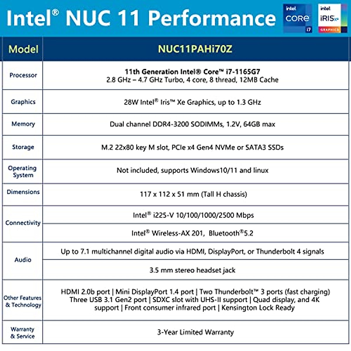 Intel NUC 11 NUC11PAHi70Z Mini PC Barebone Kit, Core i7-1165G7 4-Core, 2.8 GHz–4.7 GHz Turbo, 28W Intel Iris Xe Graphics, iFi 6, BT 5.0 Thunderbolt 3, 8K & Quadruple Monitor Capable (No RAM+SSD+OS)