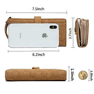 Women Wristlet Wallets Vegan Suede Leather Large Capacity Plaid Bifold Clutch Checkbook Wallets for Women Creit Card Case with Strap (Brown)