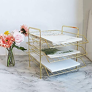 LUCYCAZ Letter Tray Desk Organizers - File Organizer for Desk, 3 Tier Gold Paper Organizer for Desk Letter Tray Organizer for Home Office and School