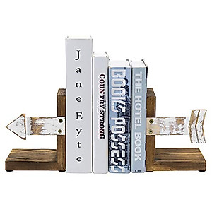 MyGift Rustic Burnt Solid Wood Decorative Bookend with Whitewashed Arrow Design, Office Desktop Book Support Stand, 1-Pair