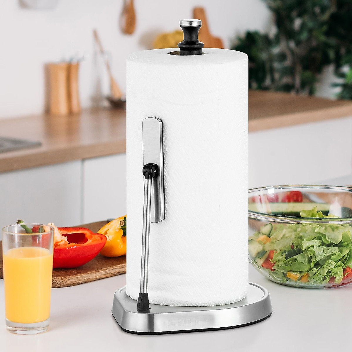 Dailyart Paper Towel Holder for One Hand Tear - Kitchen Paper Towel Holder Countertop with Tension Arm & Non Slip Weighted Base, Stainless Steel Paper Towel Holder Stand for Kitchen Bathroom, Black