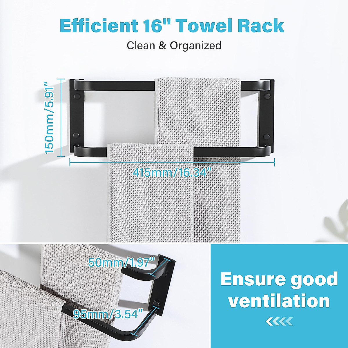 Mooche Double Bath Towel Bars Towel Racks for Bathroom,Wall Mount Towel Holder Heavy Duty 16-Inch Towel Hanger Rail Wall Mount, SUS304 Stainless Steel Matte Black