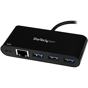 StarTech.com 3 Port USB-C Hub with Gigabit Ethernet & 60W Power Delivery Passthrough Laptop Charging - USB-C to 3x USB-A (USB 3.0 SuperSpeed 5Gbps) - USB 3.1/3.2 Gen 1 Type-C Adapter Hub (HB30C3AGEPD)