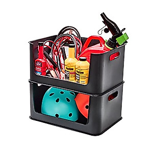 iDesign Recycled Plastic Large Open Front Handles, Set of 2 – Stackable Bins for Garage Organization and Storage, 11.9” x 16.9” x 8”, Matte Black