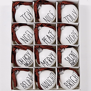 Christmas Ornaments - Xmas Tree Decorations - Set of 12 Shatterproof Bulbs with Buffalo Plaid Bows - White Holiday Balls Rustic Farmhouse Decor