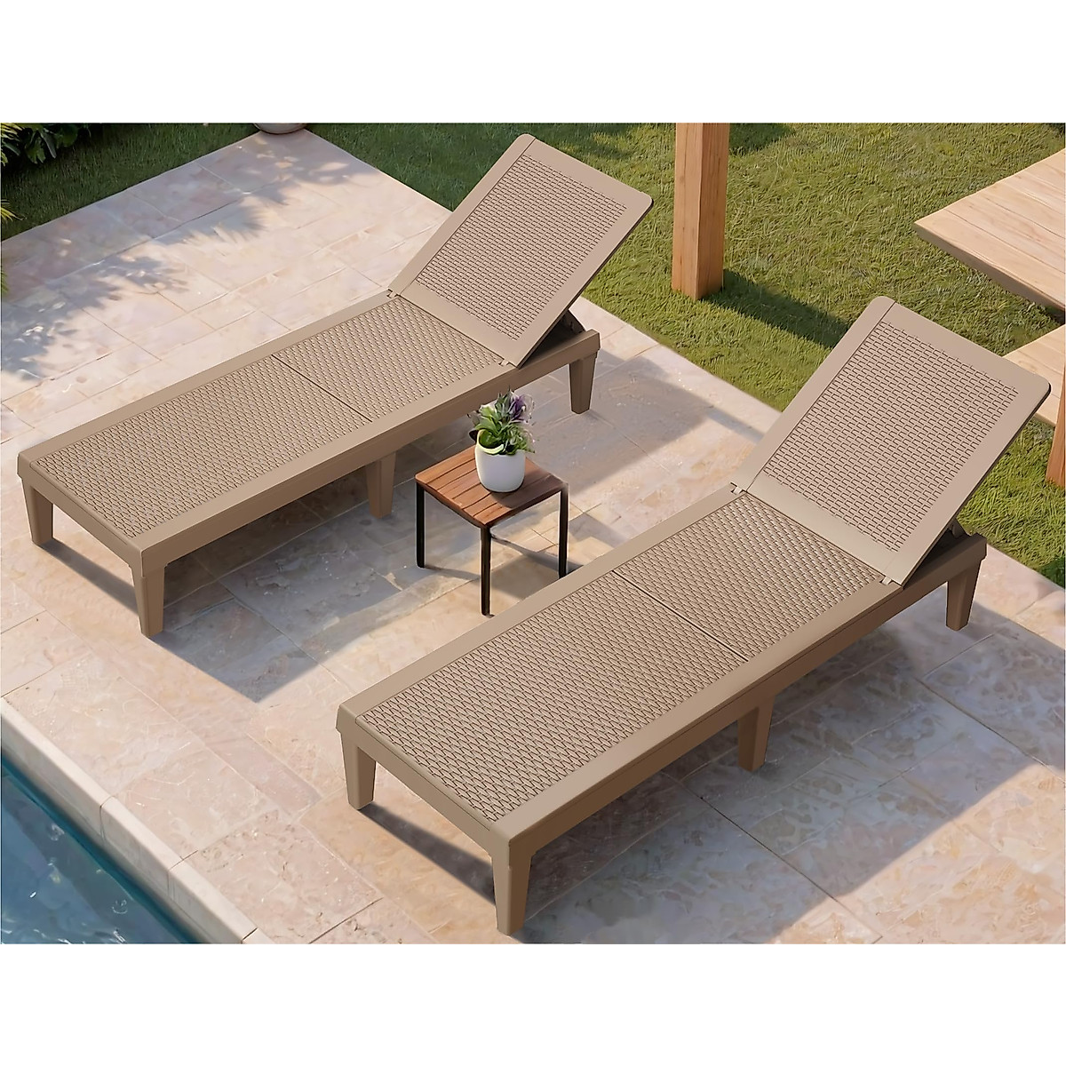 Greesum Outdoor Chaise Lounge Chairs Set of 2 with 5-Position Adjustable Backrest, Waterproof PE Sun Loungers for Garden Pool Beach Patio Deck Sunbathing, Light Coffee