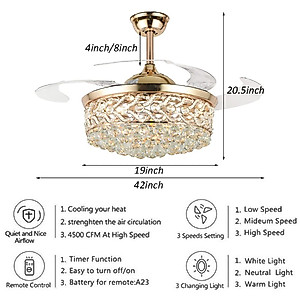 FANRYO 42"LED Crystal Invisible Ceiling Fan with Lights and Remote , Adjustable Tri-color Lighting Tri-Wind Speed Silent Motor Indoor Chandelier Lighting Fandelier for Livingroom Bedroom (42''-gold)