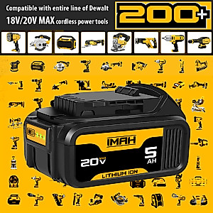 iMah Replacement Battery for Dewalt 20V Battery Lithium-Ion 5.0Ah, Replace for Dewalt MAX XR Battery DCB184 DCB200 DCB201 DCB203 DCB204 DCB205 DCB206 and All DeWalt 20V Cordless Power Tools (1-Pack)