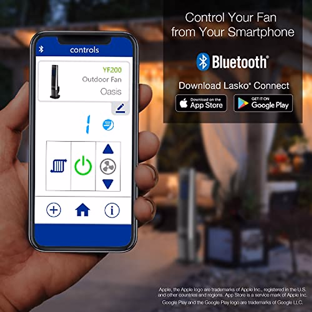 Lasko 42" Portable Outdoor Tower Fan with Bluetooth Technology for Decks, Patios and Porches with 4 Speeds, Night Mode, Internal Oscillation, Black, YF200