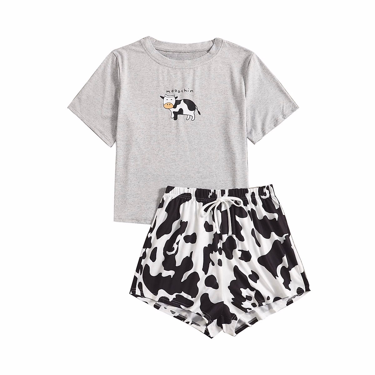 SOLY HUX Women's Cute Cartoon Print Sleepwear Short Sleeve Tee with Shorts Pajama Set Grey Cow L