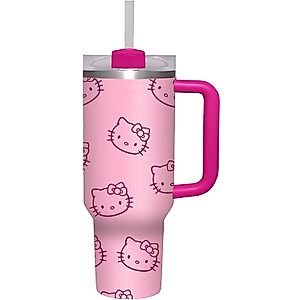 Generic Insulated Tumbler, 1 Sets 40 oz Tumbler with Handle and Straw Lid, Insulated Cup Reusable Stainless Steel Water Bottle Mug Cups,40 Oz Tumbler with Handle, Pink Kitty (Pink)