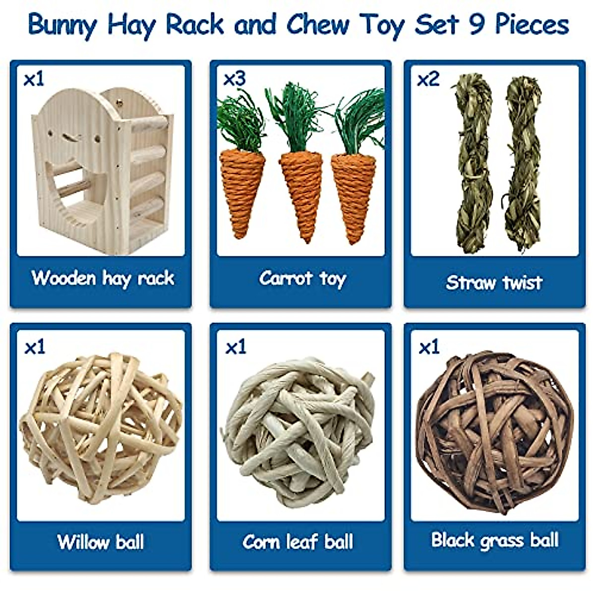 Hamiledyi Wood Rabbit Hay Feeder for Cage Bunny Hay Manger Rack Small Animals Feeding Holder Wooden Grass Dispenser with Chew Toys for Guinea Pig Chinchilla Hamster 9Pcs