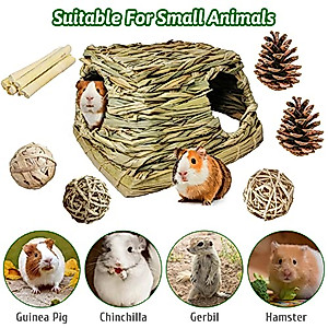 PINVNBY Guinea Pig Grass House with Chew Toys Little Rabbit Natural Hideout Small Pet Grass Hut with Play Toys for Bunny Hamster Rat Chinchilla Hedgehog Squirrel Gerbil（Ball at Random）