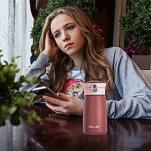 Diller Thermal Water Bottle, Coffee Travel Mug 16 or 8 oz Kids Mini Water Bottle Tumbler with Spout Lid, Leak Proof Flask for Kids and Women Keep 12H Piping Hot & 24H Cold (Pink, 8 oz)