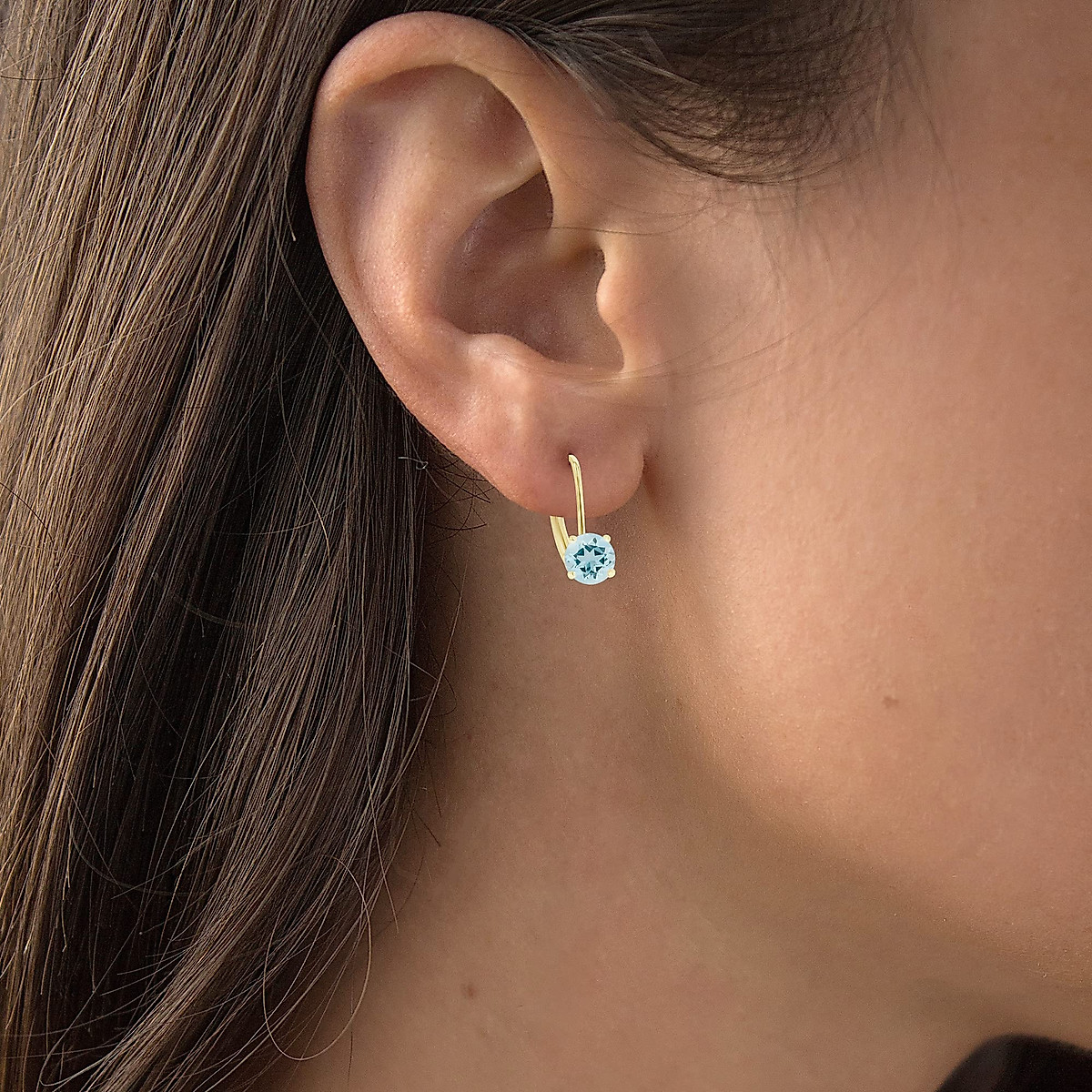 14K Yellow Gold 6mm Natural Aquamarine March Birthstone Leverback Earrings