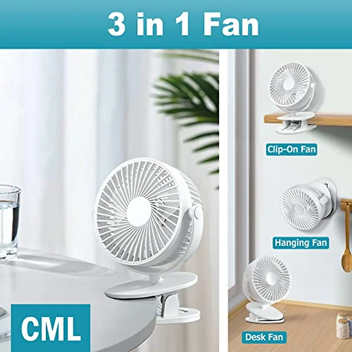 CML USB Desk Clip-On Fan, 5 Inch Mini Portable Cooling Table Fan with Sturdy Clamp, Quiet Personal Small Fan with 4 Speeds Brushless Motor, for Home, Office, Desktop, Camping, Travel, Car, White