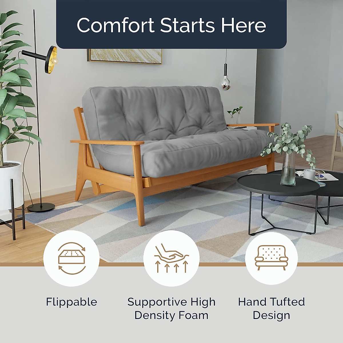 Loosh Home | 12" Queen Size Futon Sofa Bed Foam Mattress - USA Made, Grey, No Frame