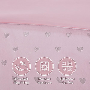 Mi Zone Rosalie Comforter Set for Girls, Ultra-Soft Microlight Plush Metallic Printed Hearts Brushed Reverse Overfilled Down Alternative Hypoallergenic All Season, , Full/Queen, Pink/Silver, 4 Piece
