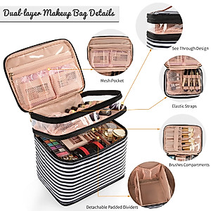 OCHEAL Large Makeup Bag, Double Layer Makeup Bag, Vertical Storage Cosmetic Case for Women/Girls with Multiple Compartments-Black and White Stripes